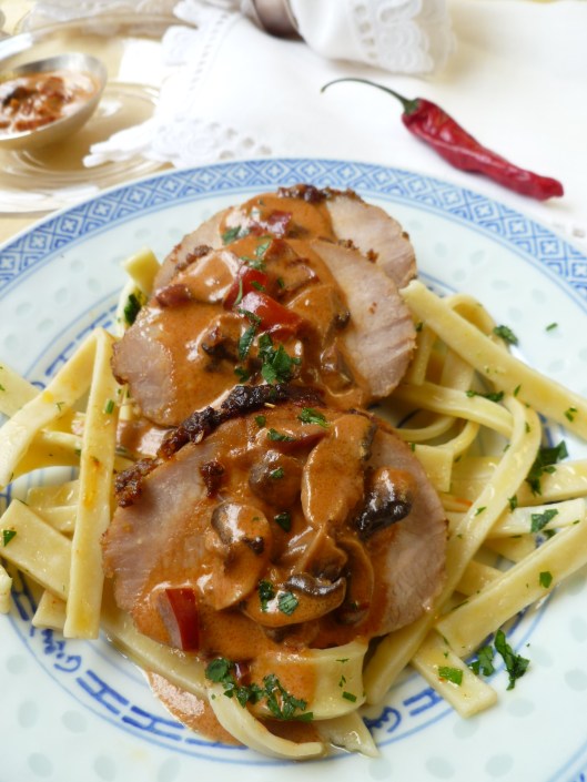 Maple and Mustard Glazed Roast Loin of Pork with Paprika and Mushroom ...